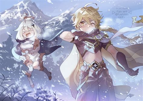 Aether And Paimon Genshin Impact Drawn By Fushitasu Danbooru