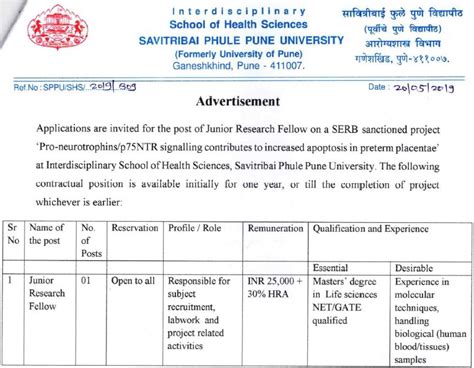 JRF Position Under SERB Project SPPU Pune Jaivikshastram Jaivikshastram Education
