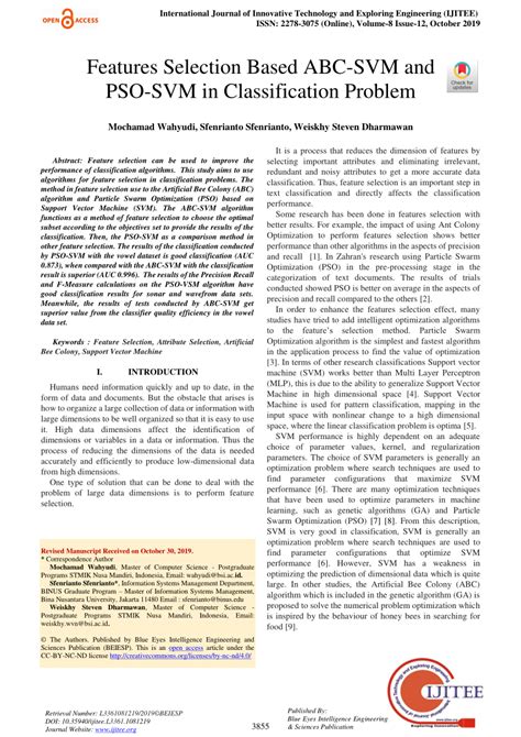 Pdf Features Selection Based Abc Svm And Pso Svm In Classification Problem