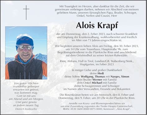 Traueranzeige Von Alois Krapf Vom 09 02 2023 Tiroler Tageszeitung