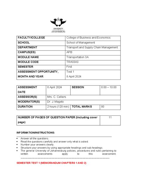 Test 1 Memo TRA03A Answers For Transportation 3A Chapters 1 2 Studocu