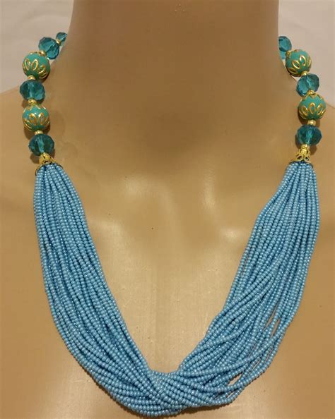 Beautiful Beaded Multi Strand Necklace In Blue Usa