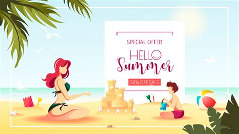 여름 세일을 위한 프로모션 배너 또는 전단지 디자인 해안 열대 잎 비치볼에 모래 성을 구축 하는 여자와 소년 가족에 대한 스톡 벡터 아트 및 기타 이미지 Istock