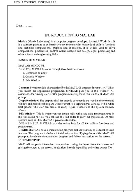 Eel411 Control Systems Lab Date Introduction To Matlab