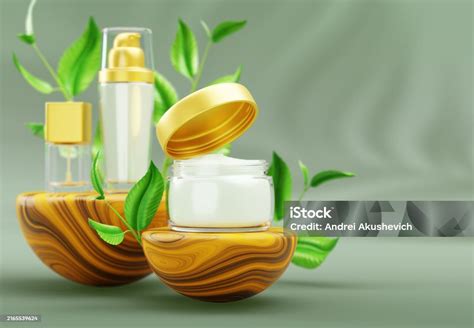 나무 연단 3d 렌더링 녹색 배경 에 식물 잎을 가진 자연적인 화장용 유리병 아름다움 Skincare 제품 목제 플랫폼에 열리는