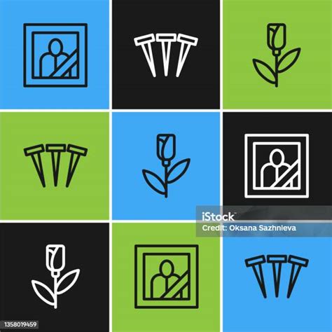 세트 라인 애도 사진 프레임 꽃 장미와 금속 손톱 아이콘 벡터 0명에 대한 스톡 벡터 아트 및 기타 이미지 0명 강철 개화기 Istock