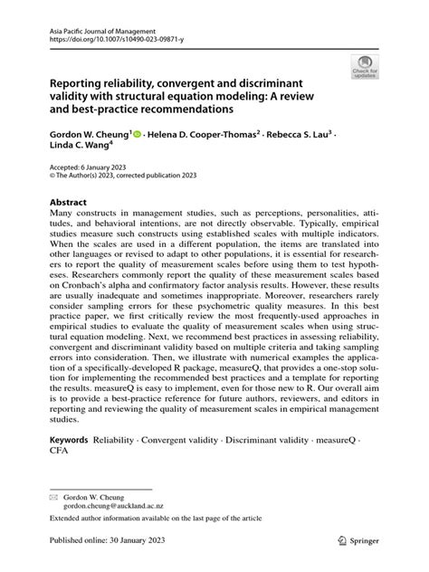 Reporting Reliability Convergent And Discriminant Validity With Structural Equation Modeling A