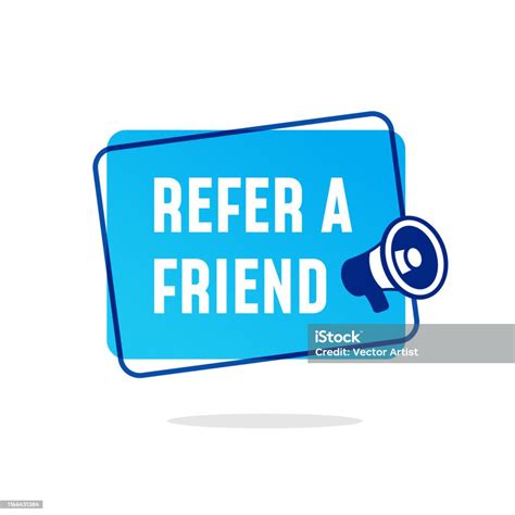 메가폰 아이콘이 있는 친구 벡터 레이블 디자인을 참조하십시오 인터넷 마케팅 홍보 배너에 대한 현대 모습 스타일 일러스트 친구에게