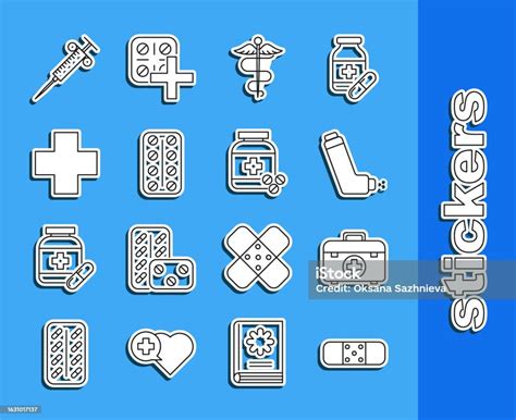 세트 라인 붕대 석고 응급 처치 키트 흡입기 Caduceus 뱀 의료 기호 물집 팩의 알약 크로스 병원 주사기 및 약병 알약 아이콘 벡터 1위에 대한 스톡 벡터 아트 및