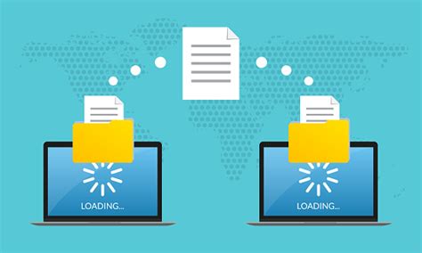 파일 전송 개념입니다 폴더가 있는 두 대의 랩톱 컴퓨터가 문서를 보내고 업로드합니다 파일 복사 데이터 또는 정보 교환 디자인 벡터 그림입니다 다운로드에 대한 스톡 벡터 아트