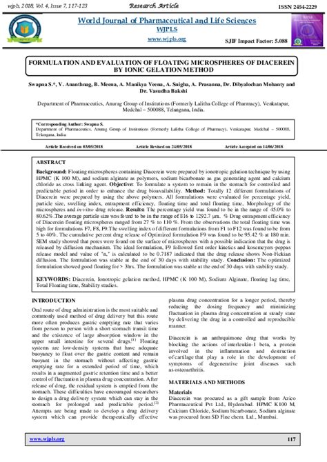 Pdf Formulation And Evaluation Of Floating Microspheres Of Diacerein By Ionic Gelation Method