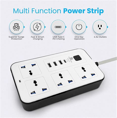 Universal Extension Cord With 4 Power Socket 3 Usb And 1 Type C Port