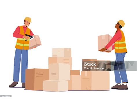 창고 작업자는 화물 상자의 바코드를 스캔하고 스캐너로 화물 번호를 확인합니다 물류 및 운송 직업에 대한 스톡 벡터 아트 및 기타