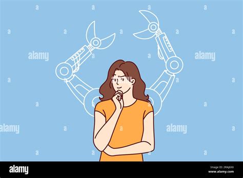 Woman With Robot Arms Behind Thinks About Introduction Of Ai And Robotic In Business Processes