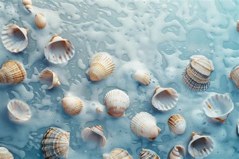 Soothing Realistic Sea Shell Assortment On Soft Blue Surface Premium