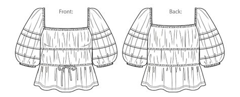 벡터 긴 소매 상단 수집 세부 사항 패션 Cad 프릴 세부 사항 기술 도면 템플릿 모형 스케치와 함께 여자를 자른 사각형 목 블라우스 블라우스 플랫 전면 후면보기 화이트