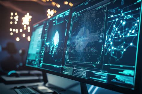 Advanced Data Visualization On Multiple Screens In A Modern Tech Workspace At Night Stock