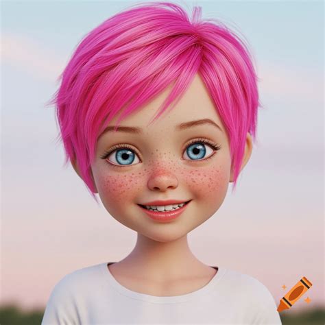 Cute Girl With Blue Eyes Freckles And A Pink Pixie Cut On Craiyon
