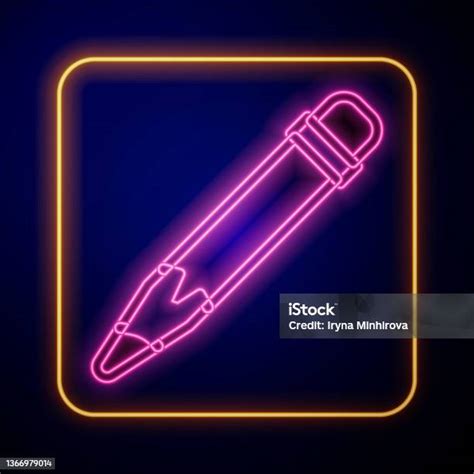검은 색 배경에 고립 된 지우개 아이콘이있는 빛나는 네온 연필 드로잉 및 교육 도구 학교 사무실 기호 벡터 개념에 대한 스톡 벡터 아트 및 기타 이미지 Istock