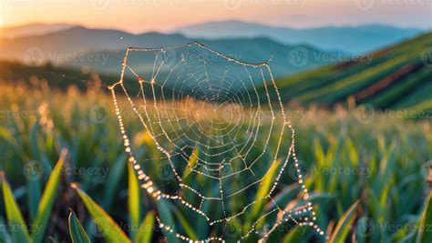 Spiderweb Covered In Dew Drops Shines In The Morning Sunlight 60082172