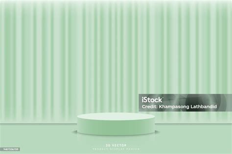 추상적인 3d 녹색 실린더 연단 받침대 무대는 호화로운 커튼 배경으로 현실적이다 쇼 제품 모형 또는 템플릿을 위한 무대 3d 벡터 렌더링 제품 배치 또는 홍보를 위한 디자인