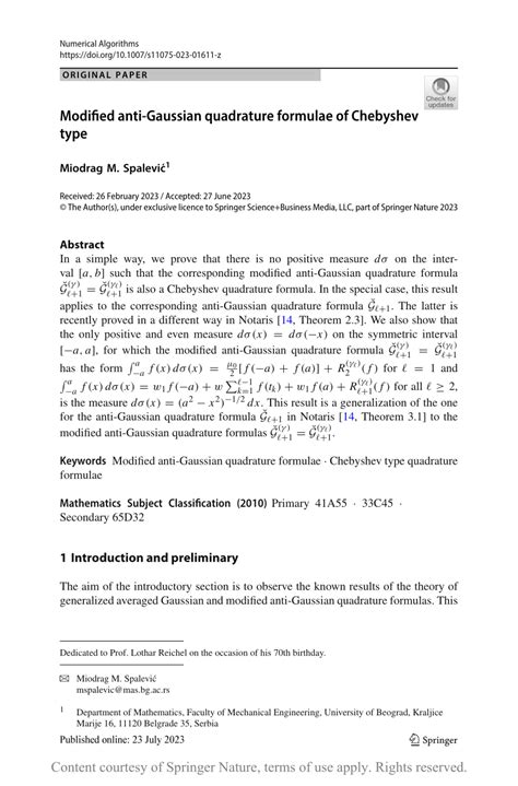 Modified Anti Gaussian Quadrature Formulae Of Chebyshev Type Request Pdf