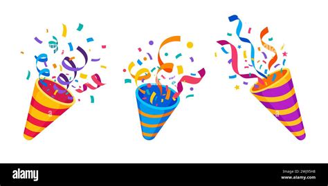 Birthday Party Popper Cone Firecracker With Confetti And Ribbons Cartoon Vector Icons Holiday