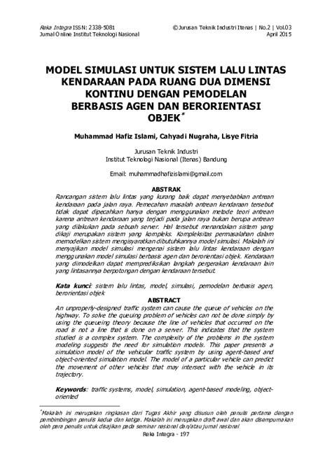 Pdf Model Simulasi Untuk Sistem Lalu Lintas Kendaraan Pada Ruang Dua Dimensi Kontinu Dengan