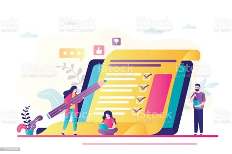 온라인 설문 조사 개념 배너입니다 다양한 사람들이 질문에 답하고 설문지를 작성합니다 설문지에 대한 스톡 벡터 아트 및 기타 이미지 설문지 인터넷 체크리스트 Istock