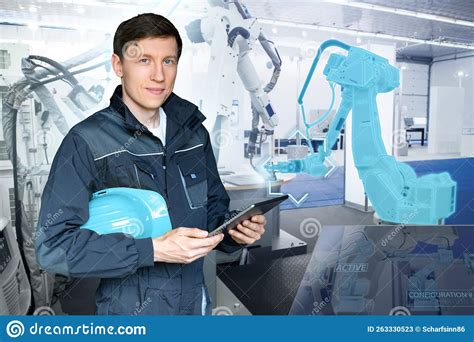 Engineer Uses A Digital Tablet To Control Robots In A Smart Factory Stock Image Image Of