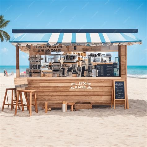 Uma Barraca De Café Na Praia Com Um Toldo Listrado De Azul E Branco Que