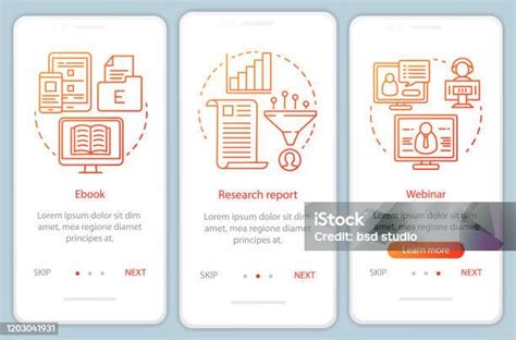 고려 콘텐츠 오렌지 온보딩 모바일 앱 페이지 화면 벡터 템플릿 선형 일러스트레이션이 있는 연구 보고서 연습 웹 사이트 단계입니다