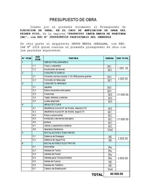 Presupuesto De Obra Pdf Construyendo Tecnología Elementos