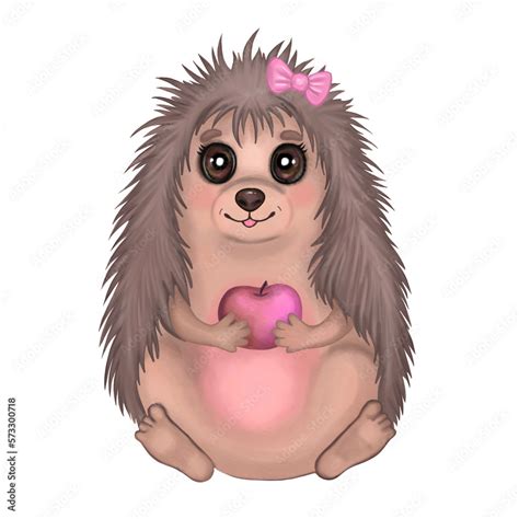 Cute Hedgehog With Apple Illustration Hand Drawn Watercolor Illustration Of A Babe Cartoon