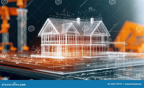 3d Wireframe House Model Architecture Design Blue Background Stock