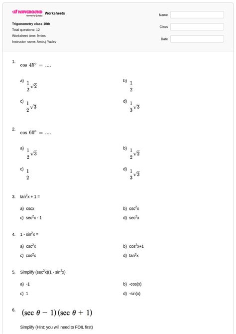 50 Trigonometry Worksheets For Class 10 On Wayground Free And Printable