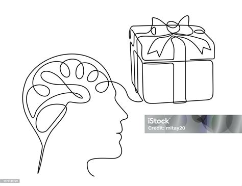 선물에 대해 생각하는 인간의 머리와 뇌의 지속적인 양식화 된 현대 그림 선물할 시간입니다 흰색 배경에 평면 벡터 선형 그림입니다 개념에 대한 스톡 벡터 아트 및 기타 이미지