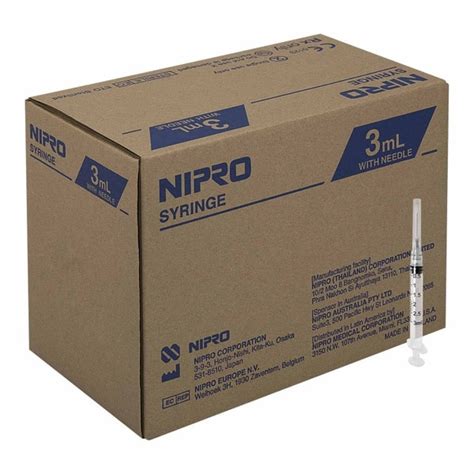 Nipro Syringe And Needle 3ml Luer Slip 20g X 1 Hypodermic 100 Bx
