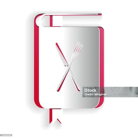 흰색 배경에 격리 된 조리 북 아이콘을 잘라 종이 요리 책 아이콘 레시피 북 포크와 칼 아이콘 칼 붙이 기호 레스토랑 기호 종이 아트 스타일 벡터 개념에 대한 스톡 벡터