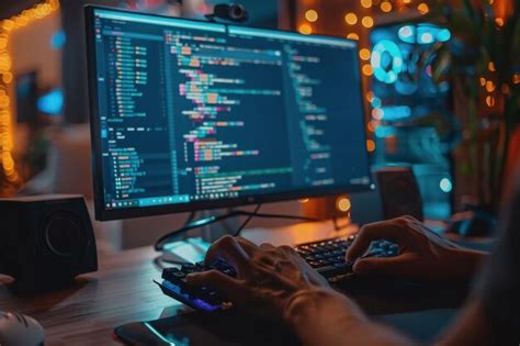 Premium Photo Programmers Hands On Keyboard Writing Source Code Screen Showing Code Ai Generated
