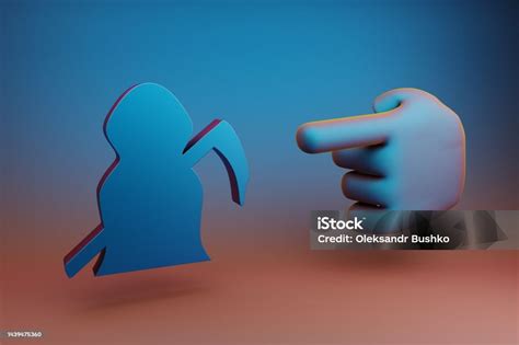 아름다운 삽화 추상 손 검지 손가락은 여러 가지 밝은 배경에 있는 암울한 사신 기호 아이콘을 가리킵니다 3d 렌더링 그림입니다 디자인을 위한 배경 패턴입니다 강철에 대한