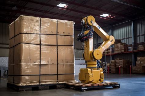 palletizing robot lowering wrapped and secured pallet to ground level