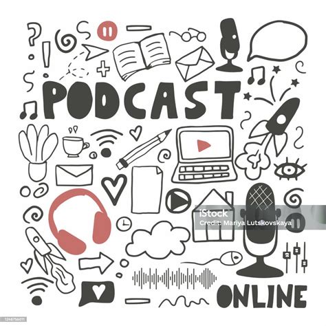 필기 글자 그림과 팟 캐스트 낙서 그림 온라인 교육 개념 흰색 배경에서 격리된 텍스트 및 팟캐스트 기호입니다 브로드캐스트