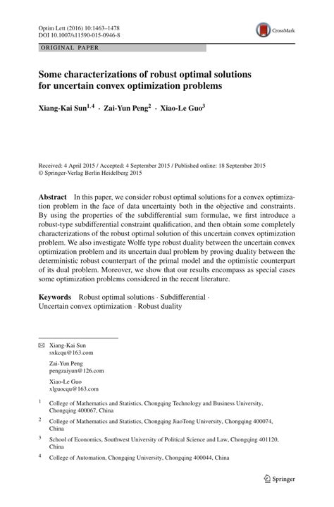 pdf some characterizations of robust optimal solutions for uncertain