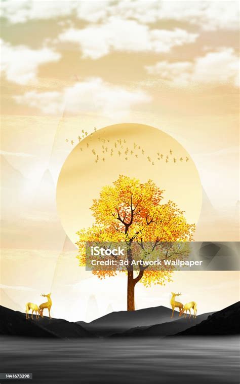 황금 나무와 밝은 배경이 있는 현대 황금 캔버스 예술 풍경 벽화 벽지 황금 사슴 크리스마스 노란 나무 검은 산 사슴과 태양 벽 예술 프레임 가을에 대한 스톡 사진 및 기타