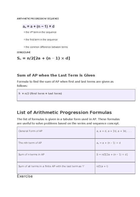 Arithmetic Progression These Formulas Are Useful To Solve Problems Based On The Series And