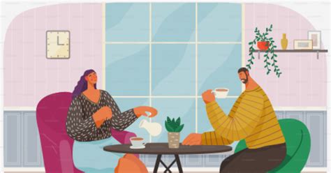 남자와 여자는 데이트 상대로 식당에서 커피를 마시며 테이블에 앉아 있다 결혼한 부부는 아늑한 테이블에 앉아 집 부엌에서 차를 마신다 저녁에는 즐거운 가족 티 파티