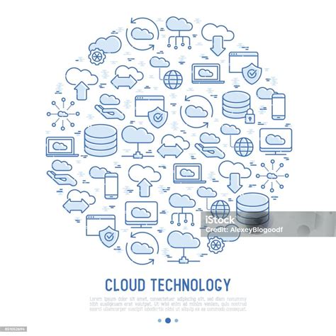 클라우드 컴퓨팅 기술 개념 선 아이콘 원에 호스팅 서버 스토리지 클라우드 관리 데이터 보안 모바일 및 데스크톱 메모리 관련 벡터 일러스트입니다 애플리케이션 프로그래밍