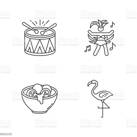 브라질 요리 픽셀 완벽 한 선형 아이콘 세트입니다 아란치니 카이피리냐 라임알코올음료 사용자 정의 가능한 얇은 선 윤곽 심볼 격리된 벡터 개요 그림입니다 편집 가능한 스트로크