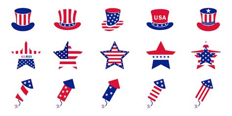 불꽃 놀이 7 월 4 일빨간색과 파란색 별과 불꽃이 있는 불꽃놀이와 폭죽 세트 미국 독립 기념일 불꽃 놀이 7 월 4 일 빨간색 파란색 불꽃 놀이 삼촌 샘 모자 7월에 대한